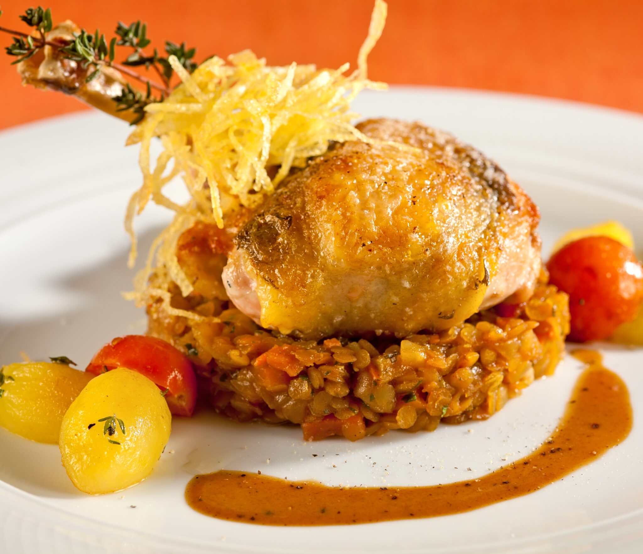 Maiskip boutje met honing thijm saus, rode linzen en ovengroenten ...